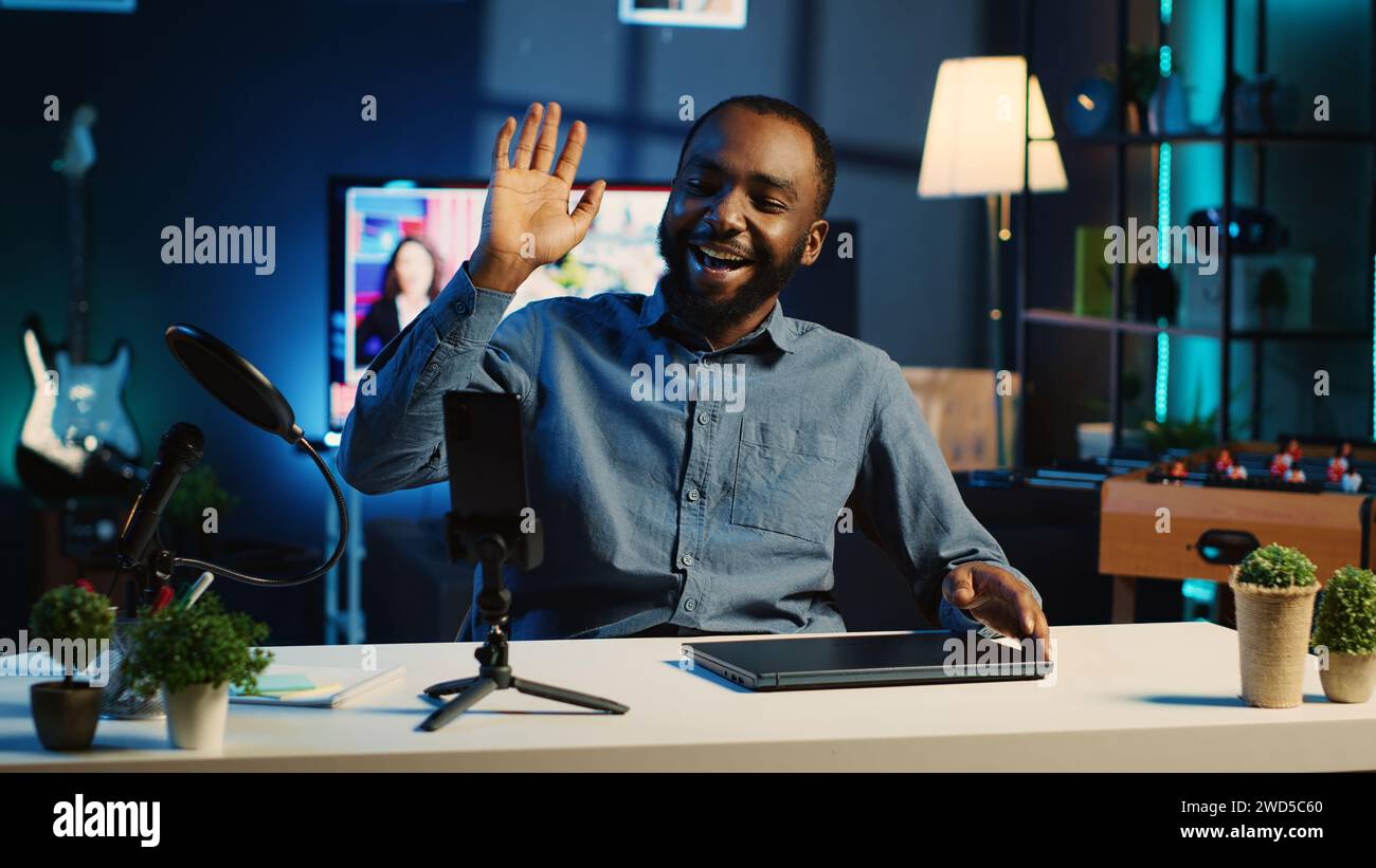 African american technology internet star filming review of newly ...