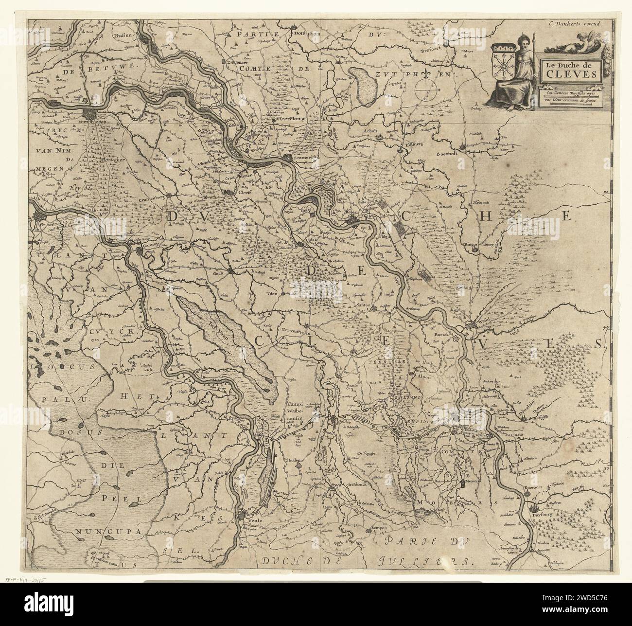 Map of Duchy of Kleef, Cornelis Danckerts, 1600 - 1699 print Map of Duchy Kleef with the many ...