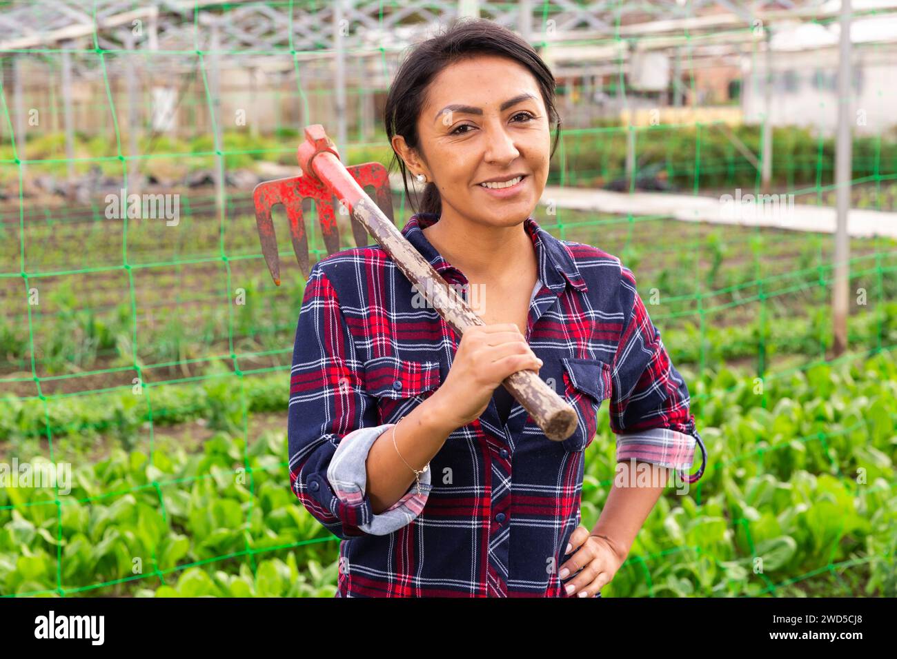 Female farmer with rake on farm field Stock Photo - Alamy