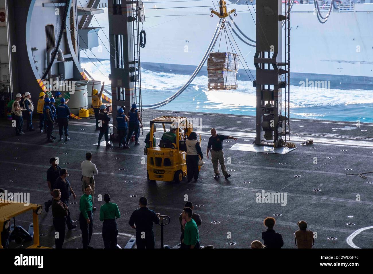 U.S. Navy Sailors receive supplies from the fast combat support ship ...