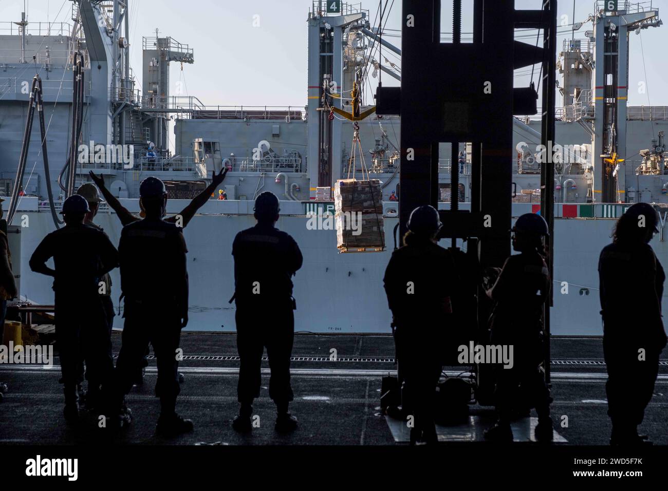 U.S. Navy Sailors receive supplies form the fast combat support ship ...