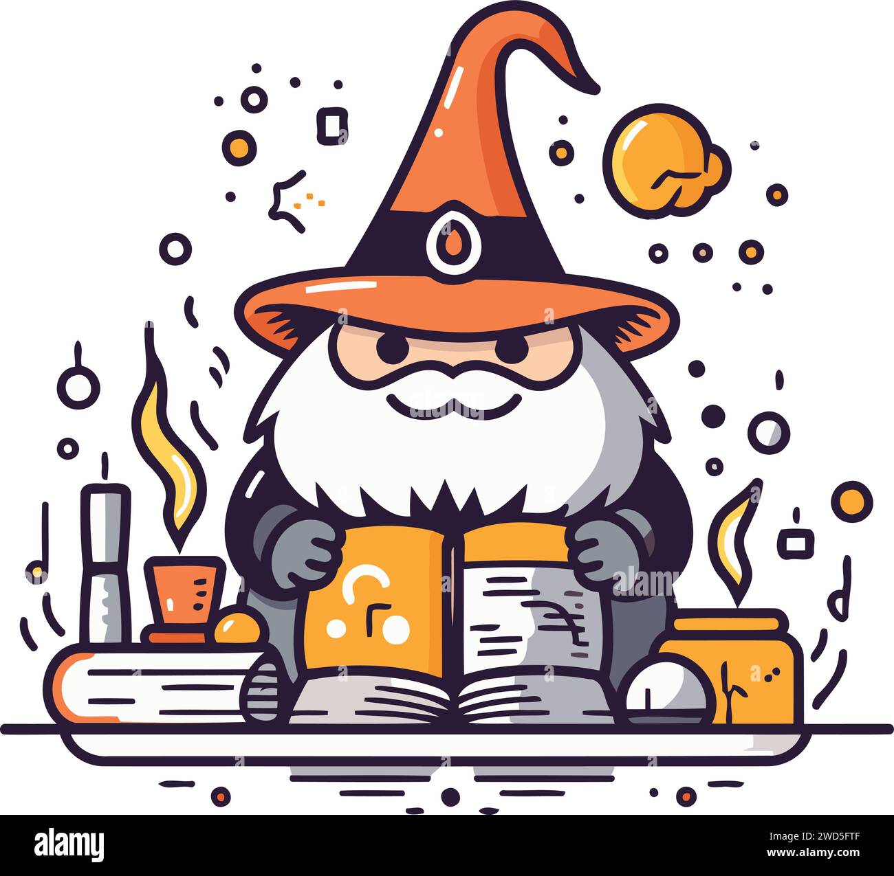 Cartoon wizard reading a book. Vector illustration in a flat style ...