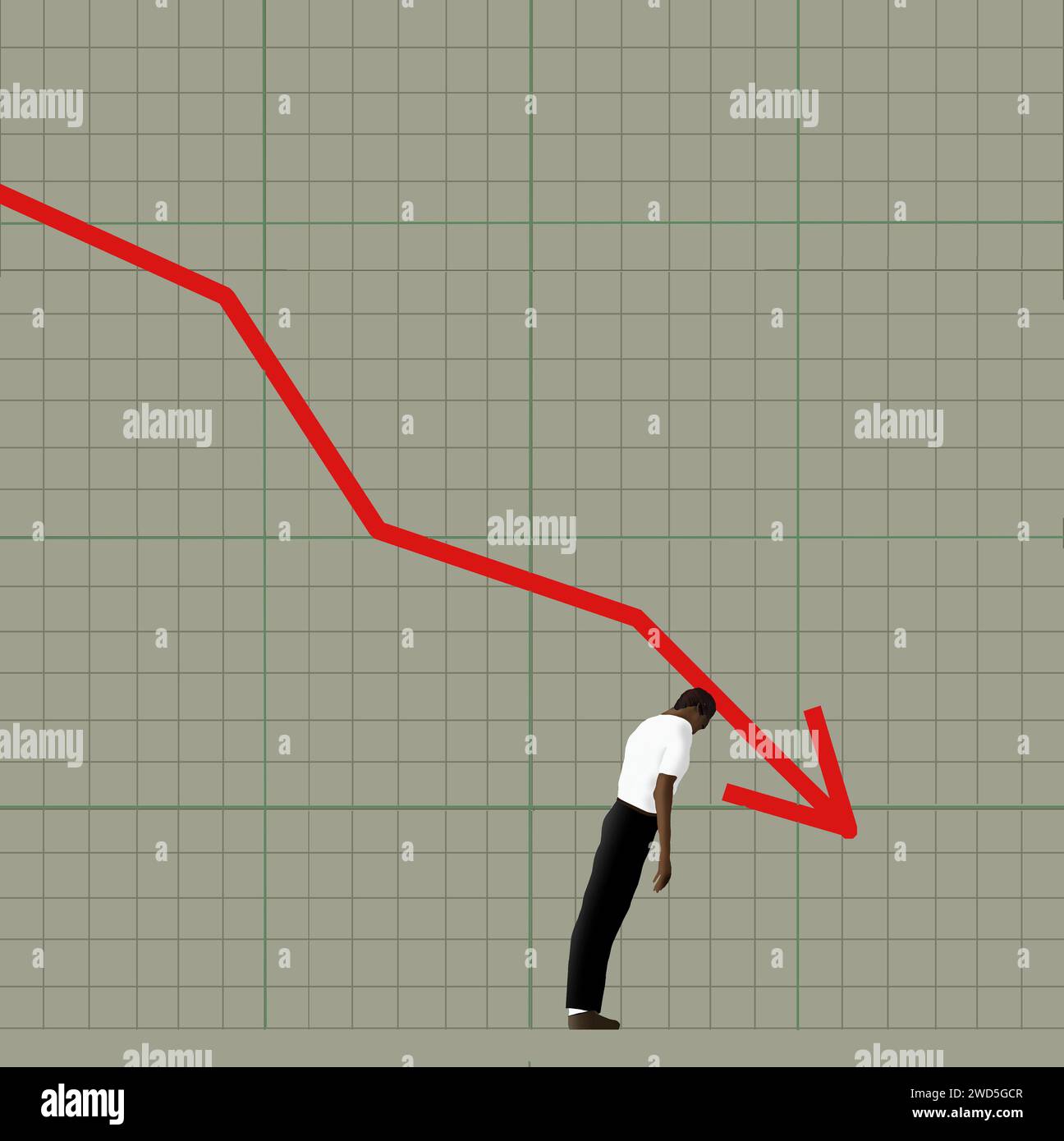 A man hangs his head and leans on a falling stock market chart in this ...