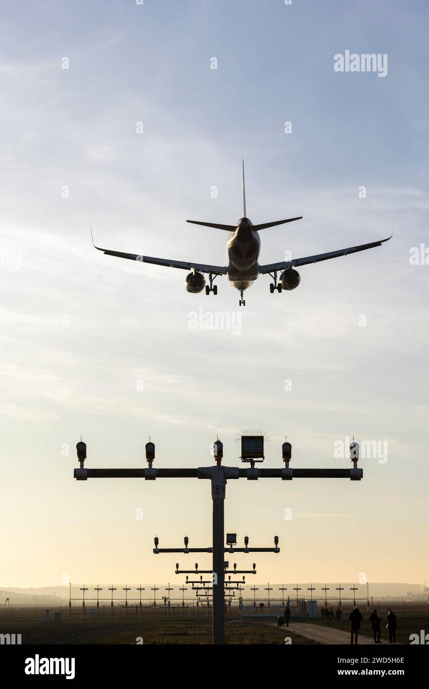 Aircraft on approach, runway lighting, Stuttgart-Echterdingen Airport ...