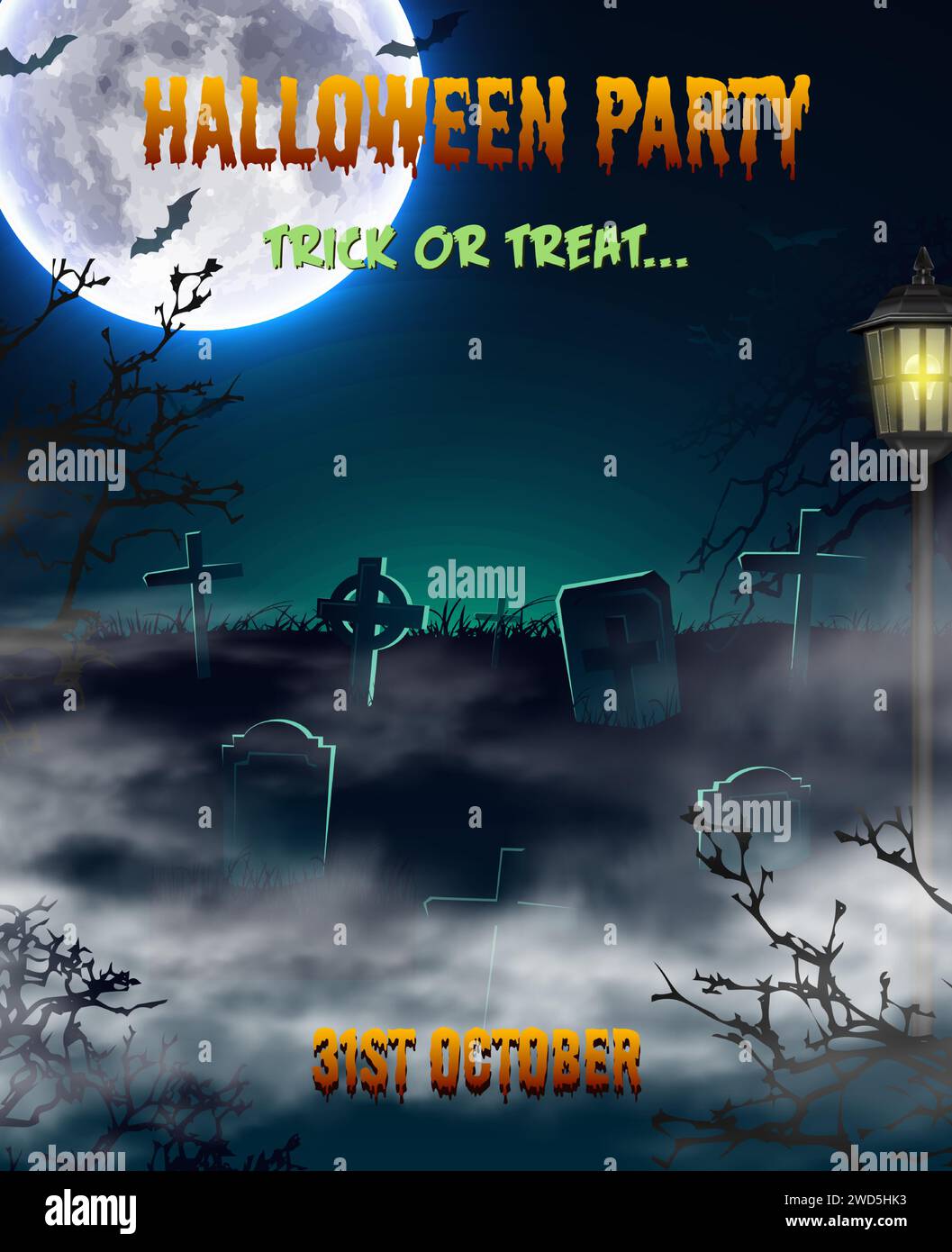 halloween vertical party banner with spooky graveyards and moon Stock ...