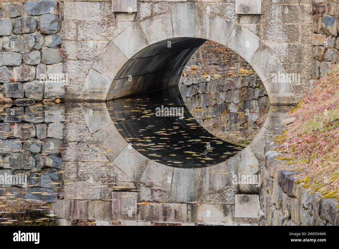 Closeup of arch in concrete bridge and its reflection in pond in public ...