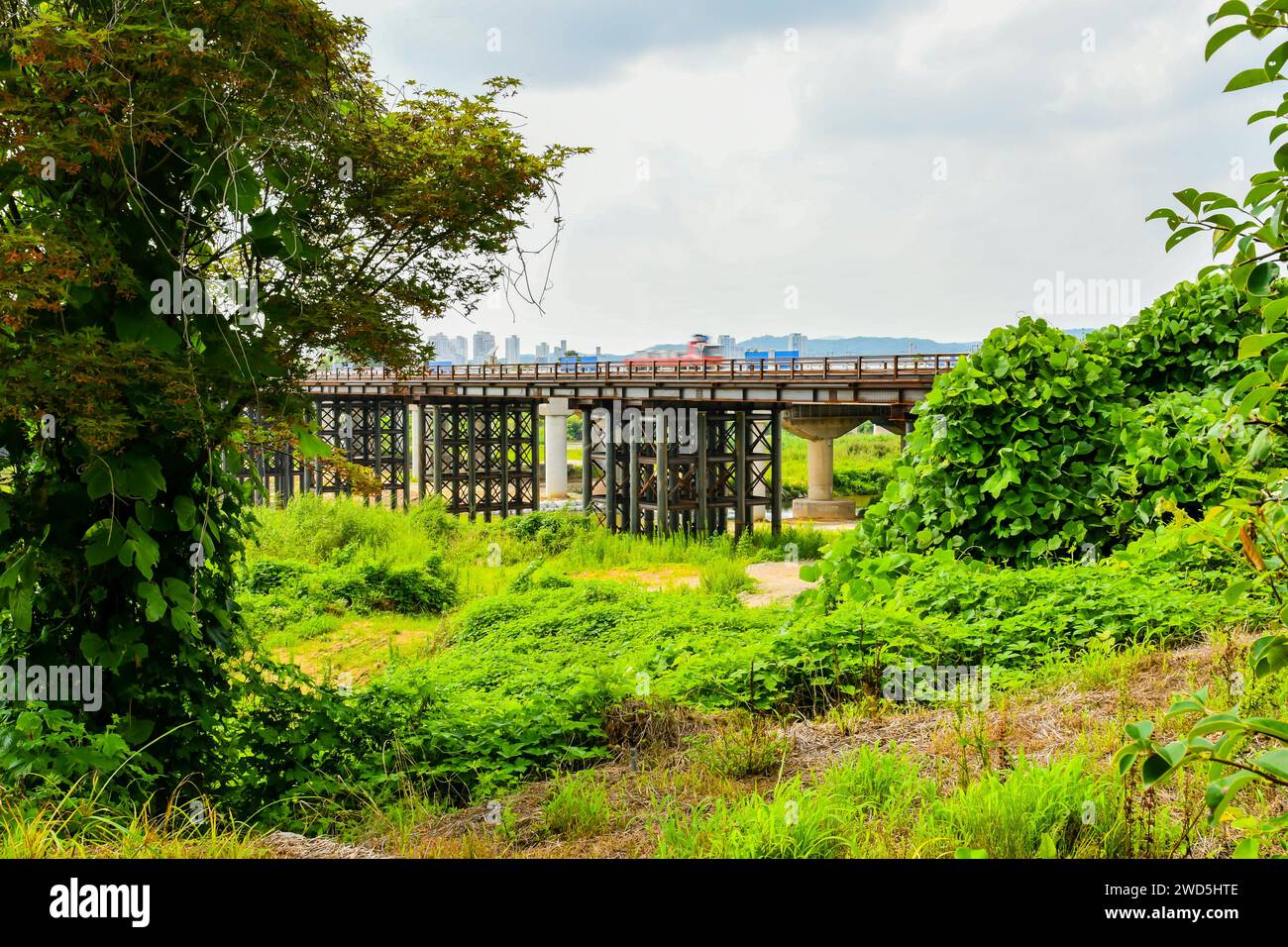 Landscape of iron substructure of bridge under construction in front of ...