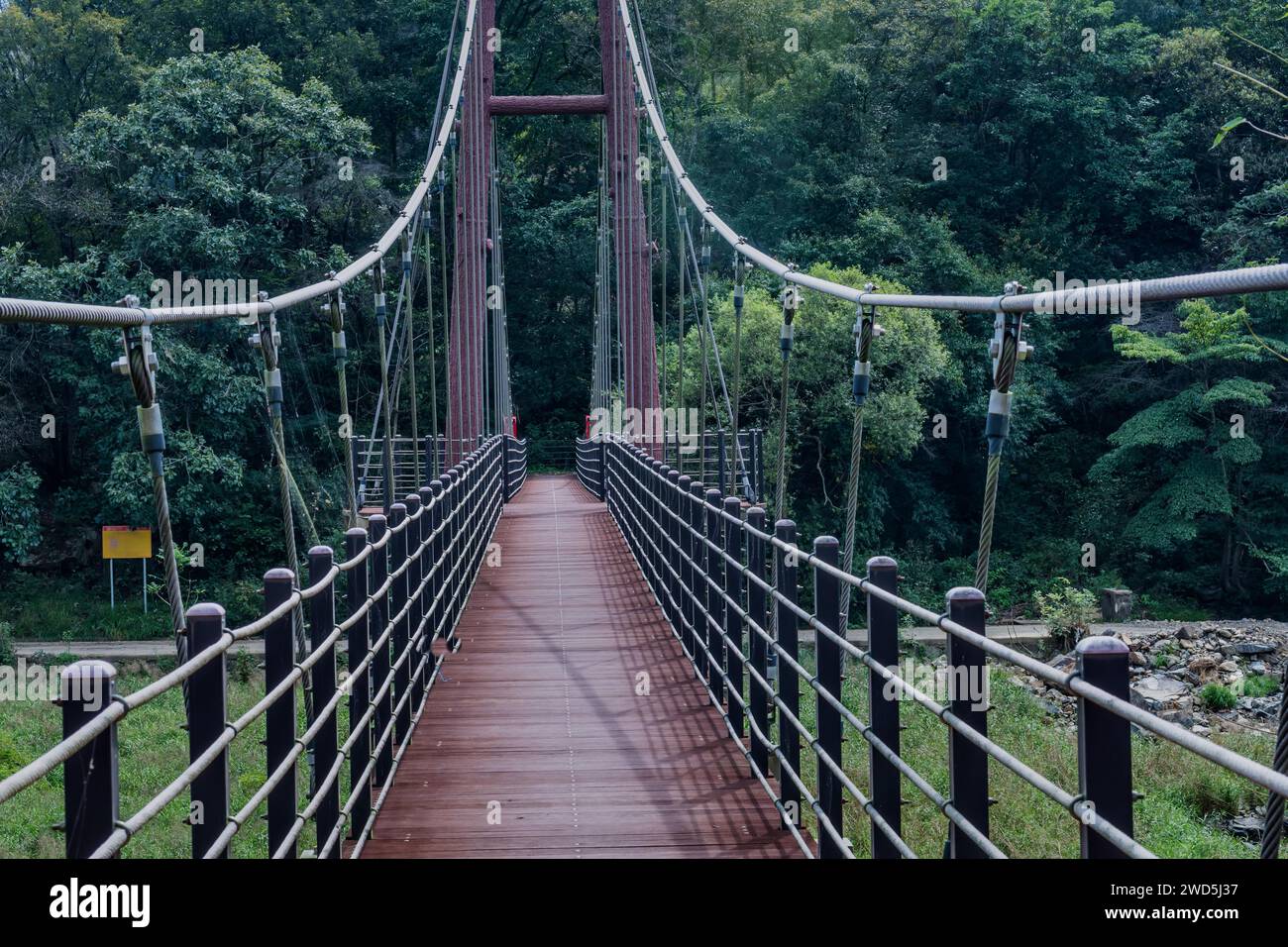 Suspension bridge over mountain valley with lush foliage in background ...