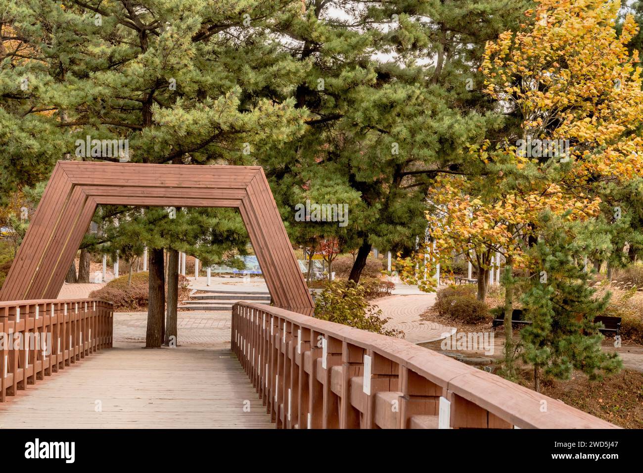 One end of wooden pedestrian bridge with treed park in background ...