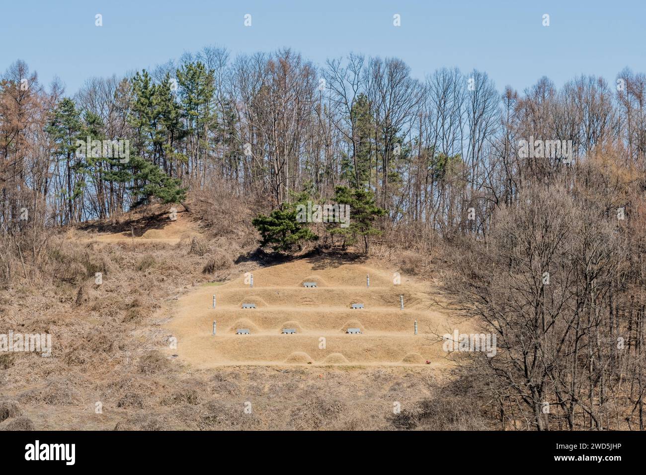 Small family graveyard on side of mountain under clear blue sky, South ...