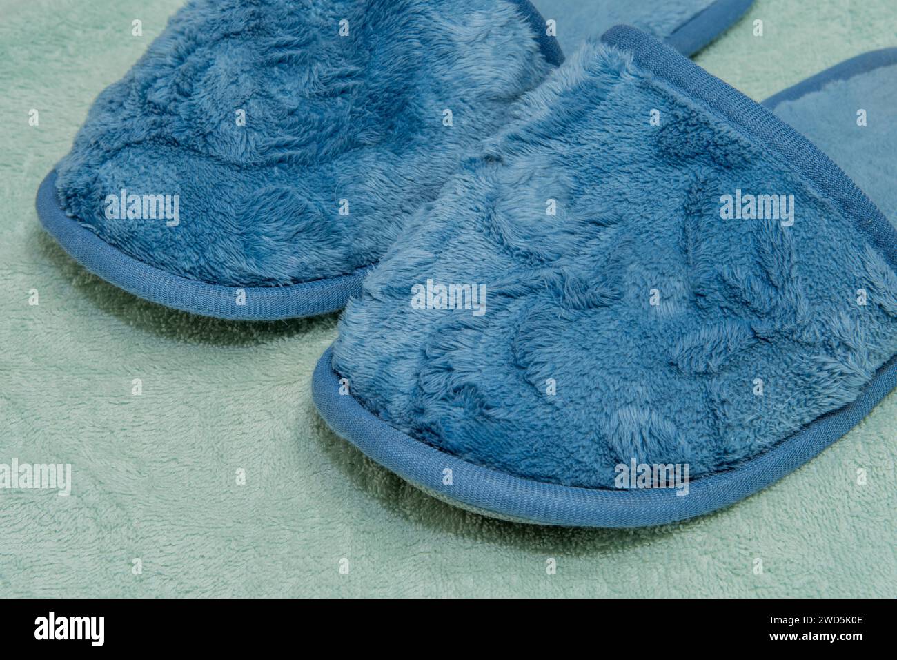 Closeup of dark blue slippers on light colored fabric background, South ...