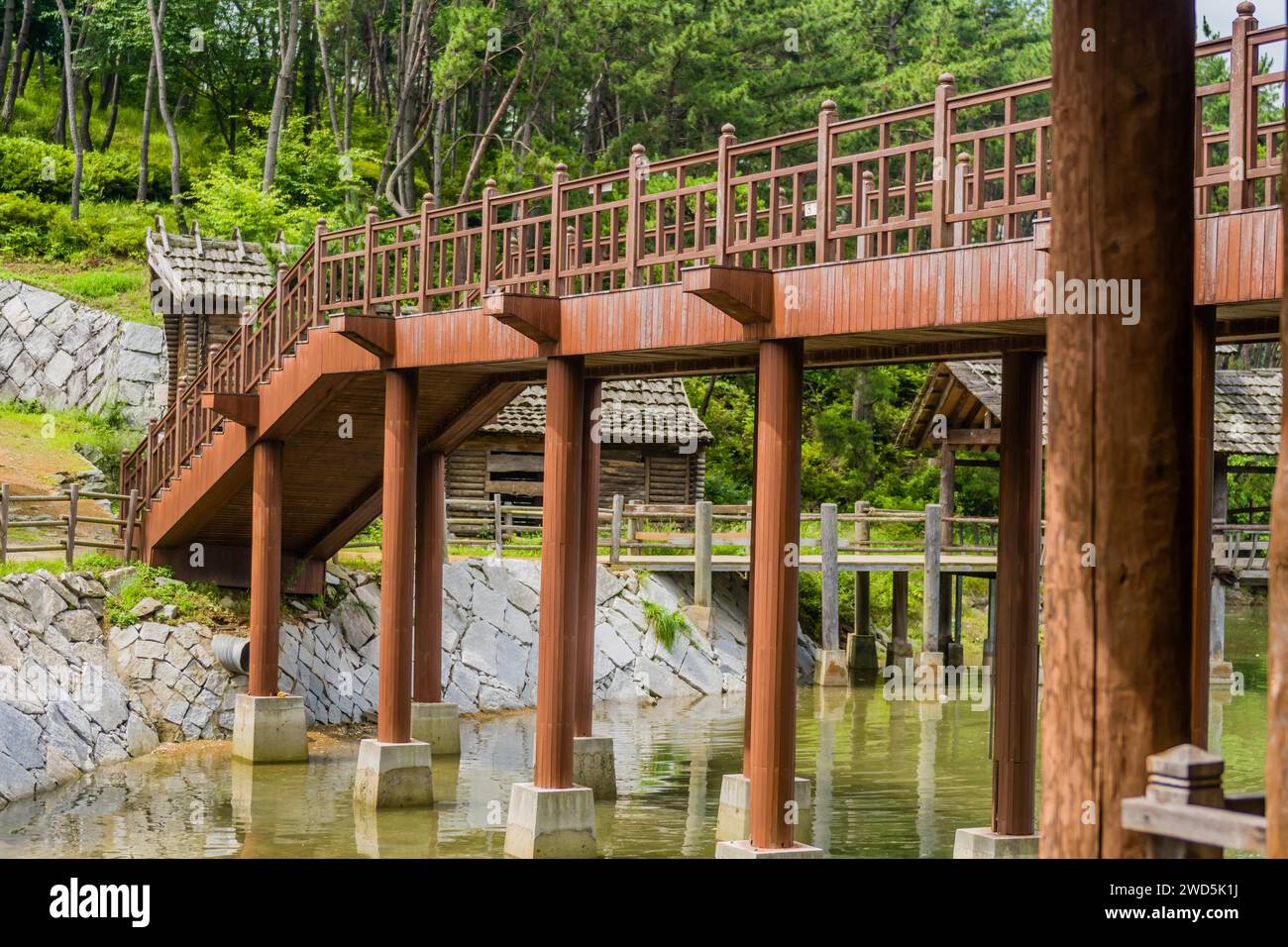 Bridge over lake water at small village used as maritime filming ...