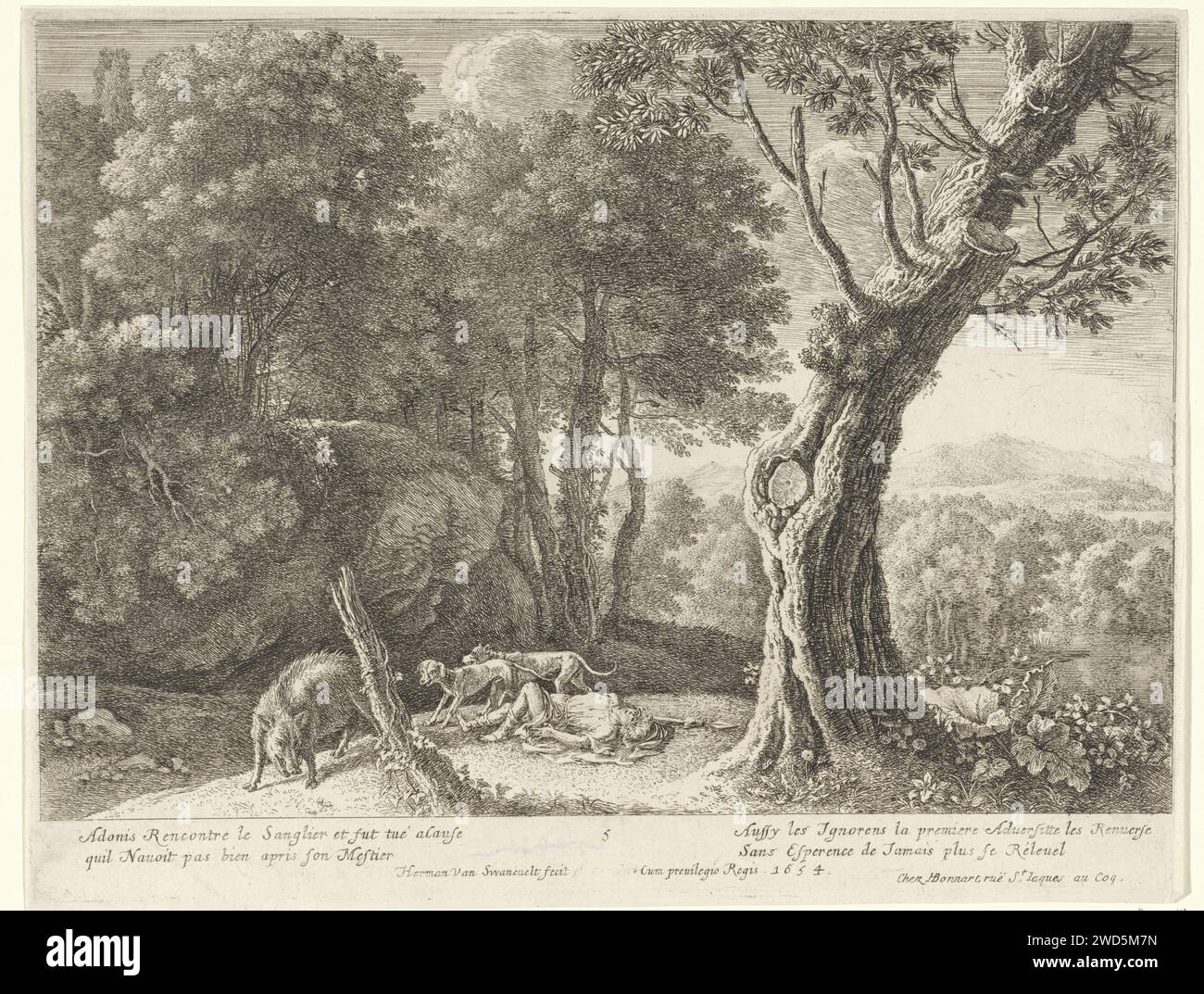 Death of Adonis, Herman of Swanevelt, 1654 print In a hilly landscape ...