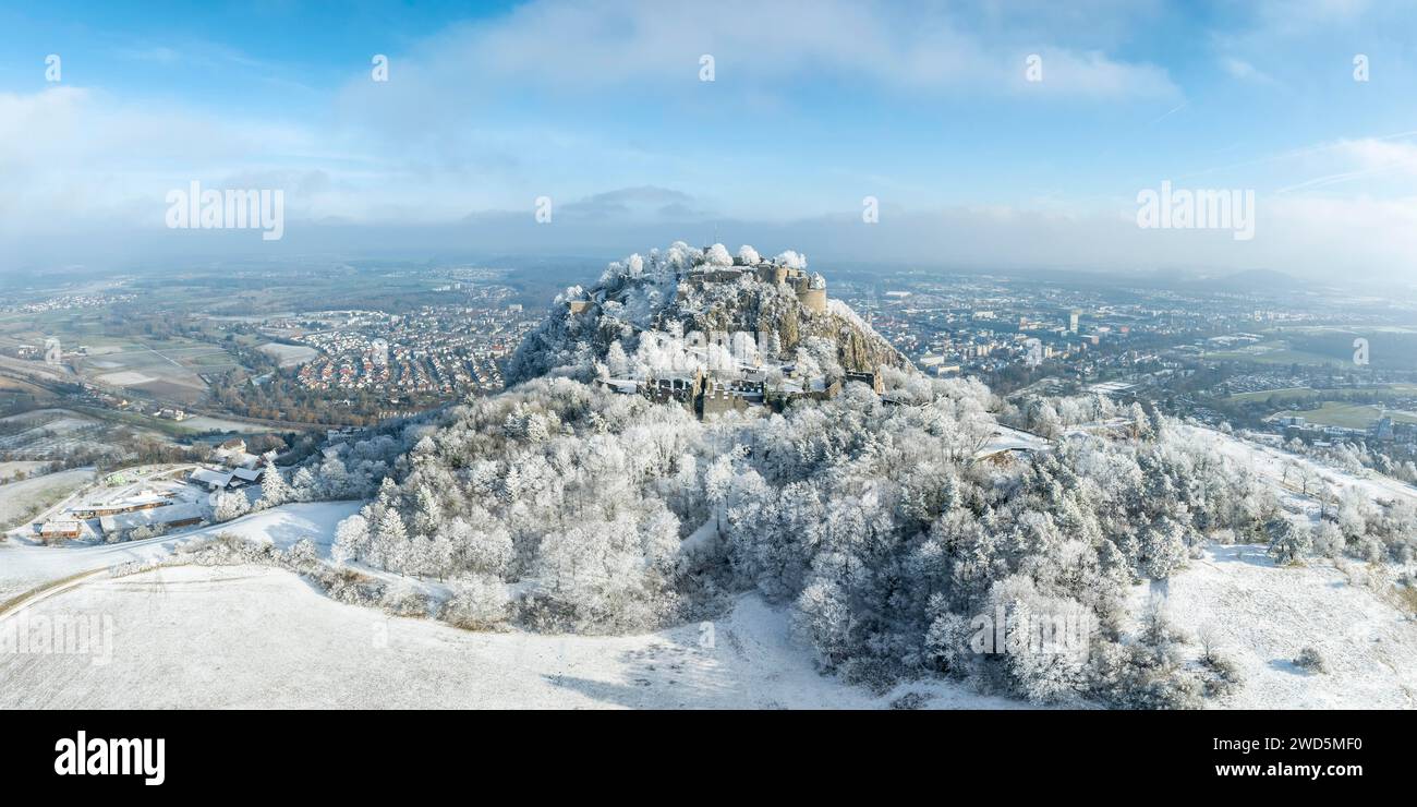 Aerial panorama of the snow-covered Hegau volcano Hohentwiel with ...