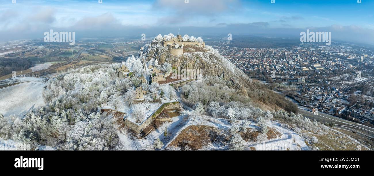 Aerial panorama of the snow-covered Hegau volcano Hohentwiel with ...