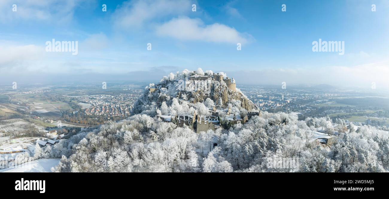 Aerial panorama of the snow-covered Hegau volcano Hohentwiel with ...
