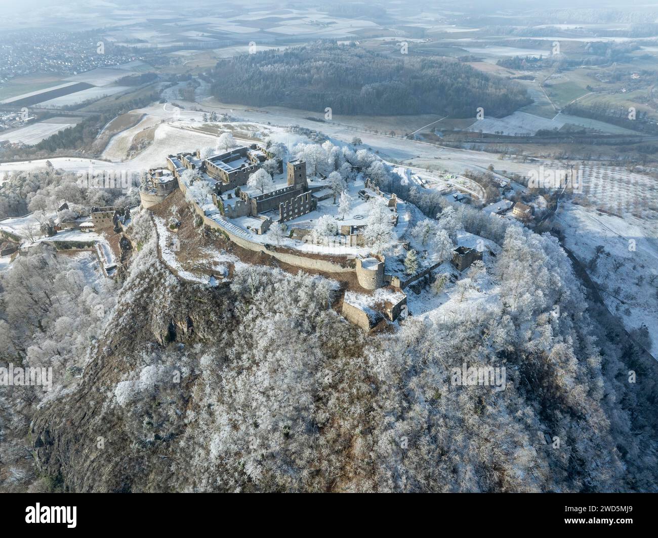 Aerial view of snow-covered Hegau volcano Hohentwiel with Germany's ...