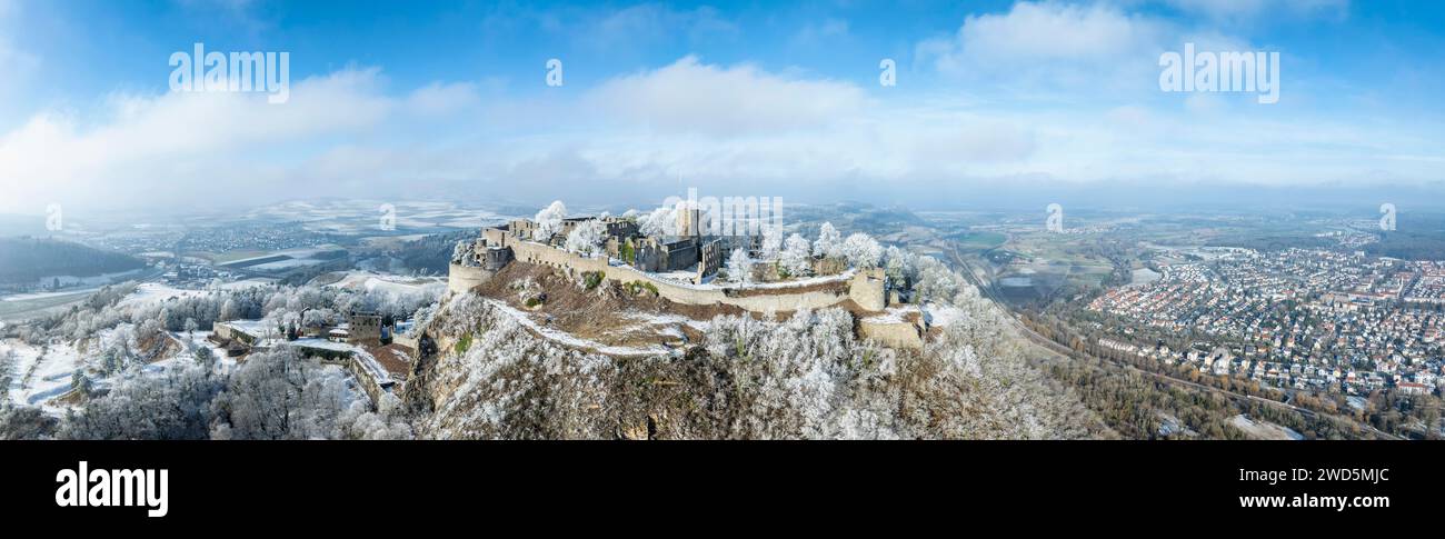 Aerial panorama of the snow-covered Hegau volcano Hohentwiel with ...