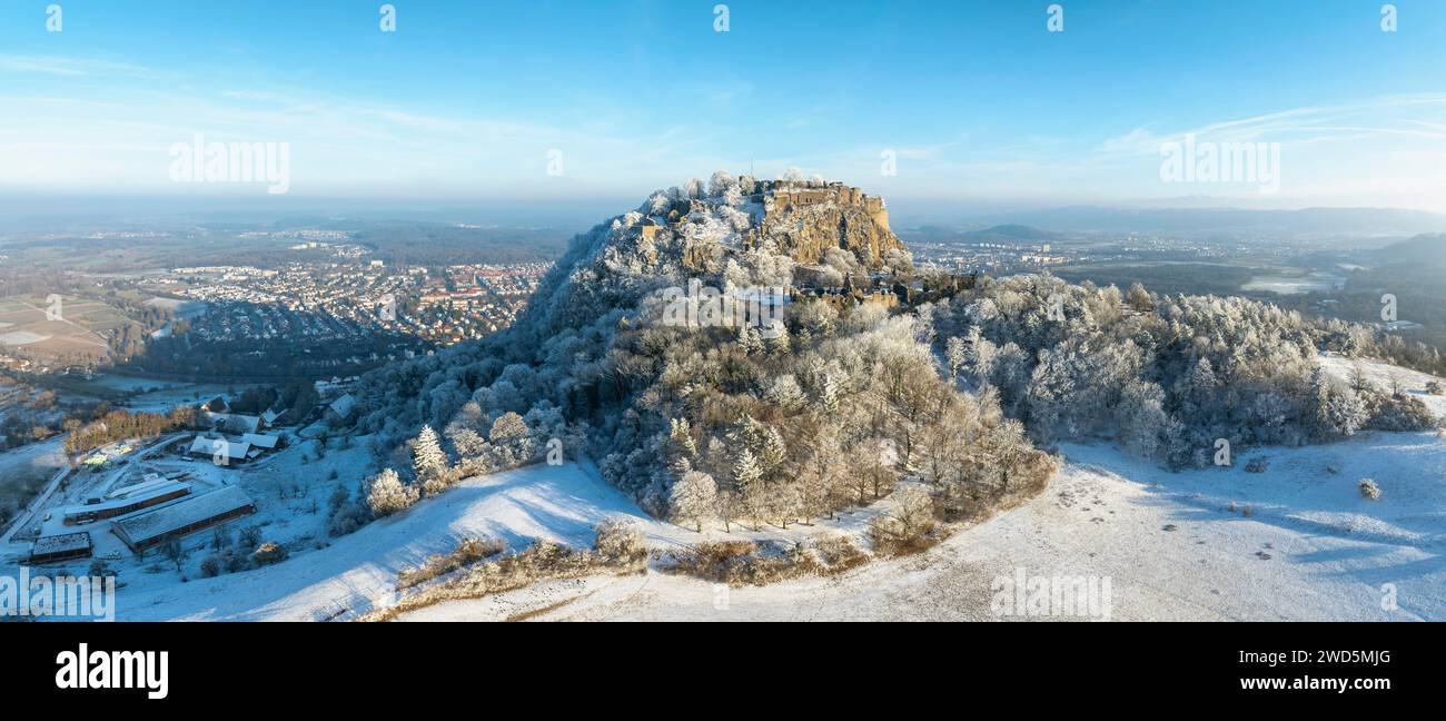 Aerial panorama of the snow-covered Hegau volcano Hohentwiel with ...