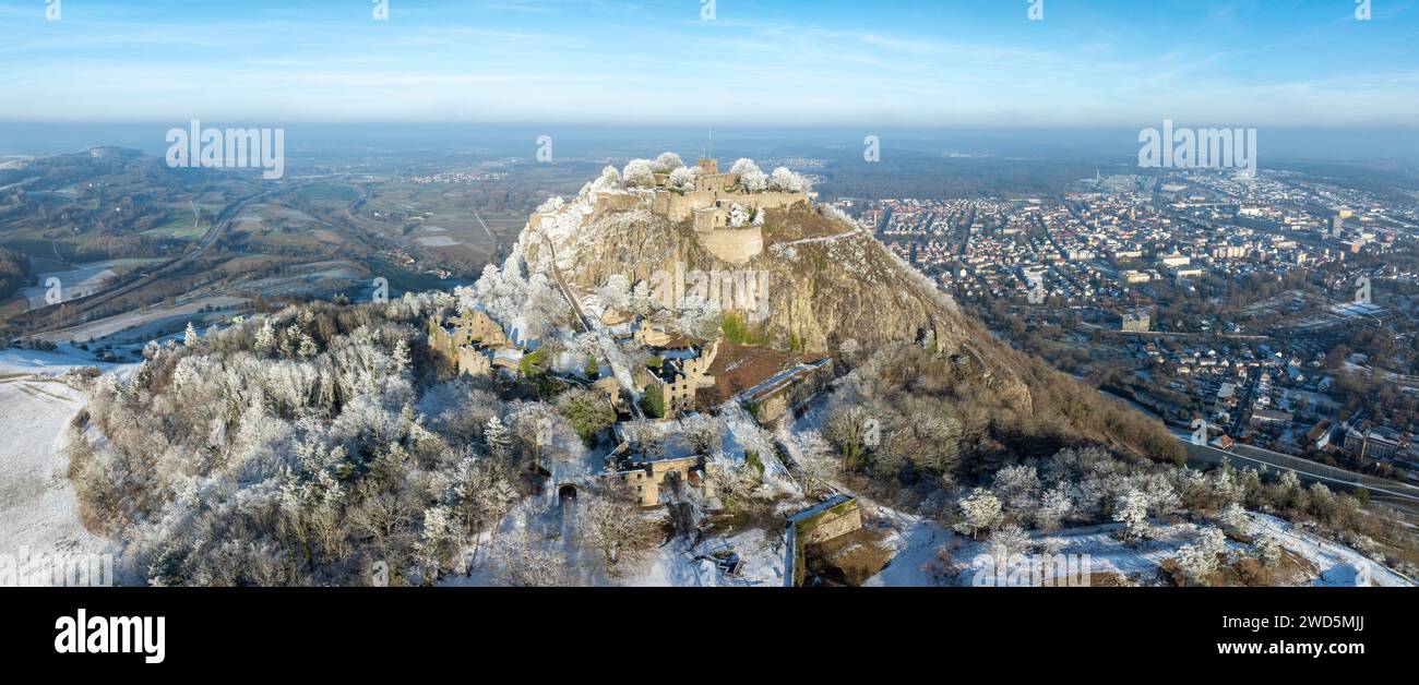 Aerial panorama of the snow-covered Hegau volcano Hohentwiel with ...