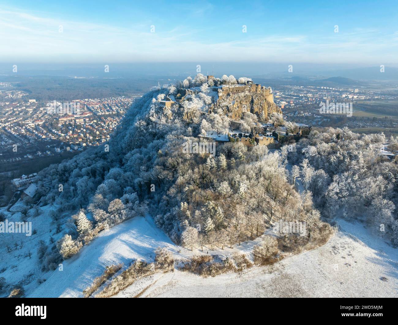 Aerial view of the snow-covered Hegau volcano Hohentwiel with Germany's ...