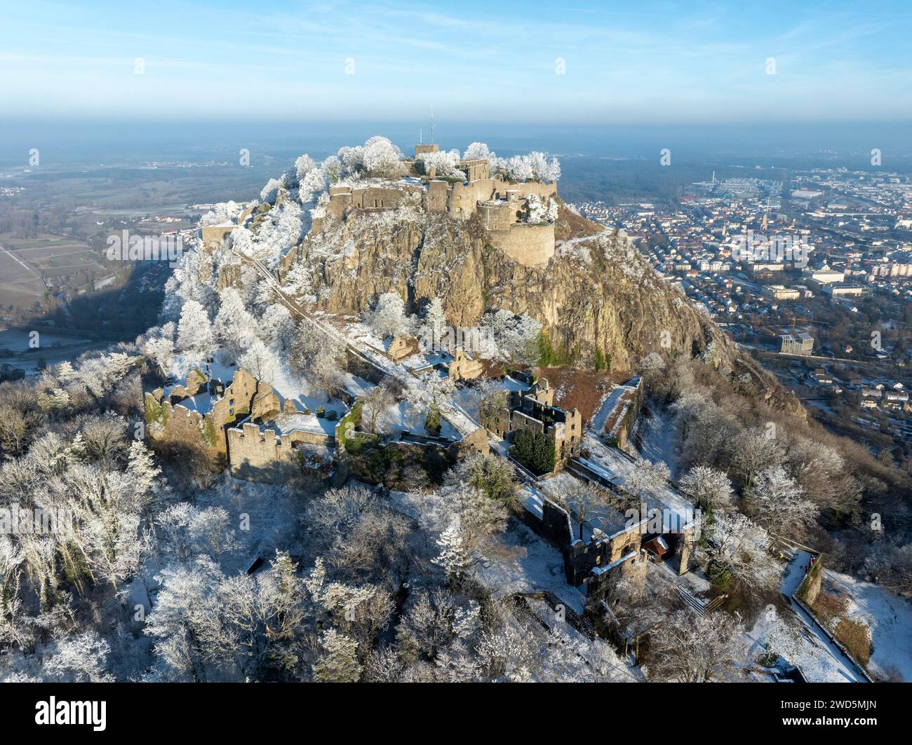 Aerial view of the snow-covered Hegau volcano Hohentwiel with Germany's ...