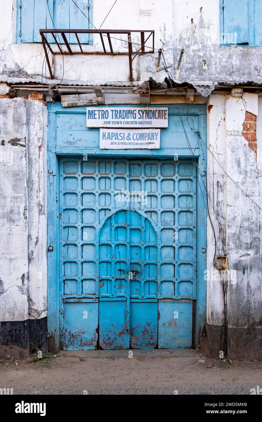 Street scene with blue door, Matancherry, Jew Town, Cochin, Kerala ...