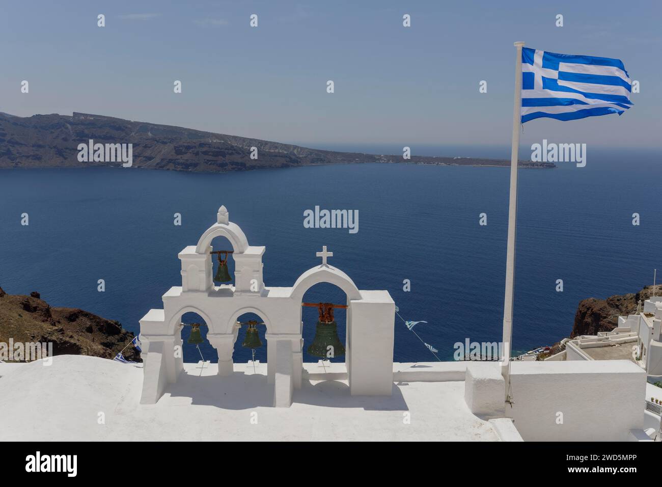Santorini, Oia, 4 bells of Oia, Greek flag, Cyclades, Greece Stock ...