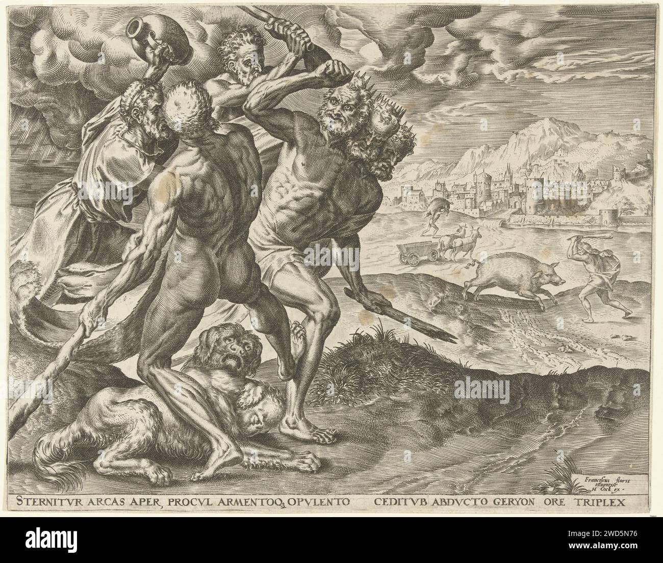 Hercules kills Geryon and his dog, Cornelis Cort, after Frans Floris (I ...