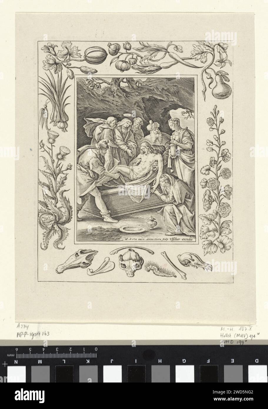Grave of Christ, Antonie Wierix (II), After Maerten de Vos, 1582 - 1586 print Christ is placed ...