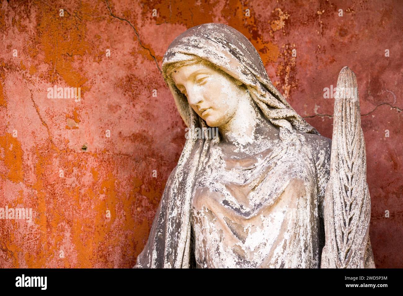 White angel with feather in front of red wall, angel statue, angel ...