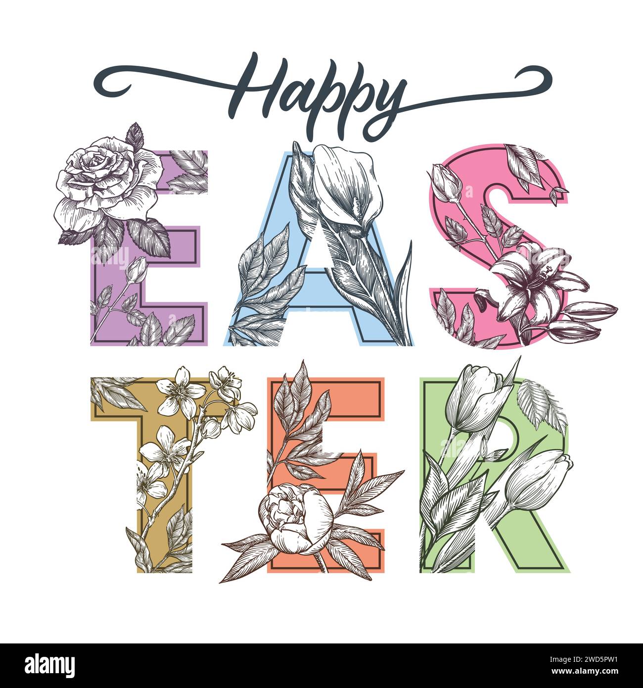 Happy Easter square banner or poster design template. Vector hand drawn ...