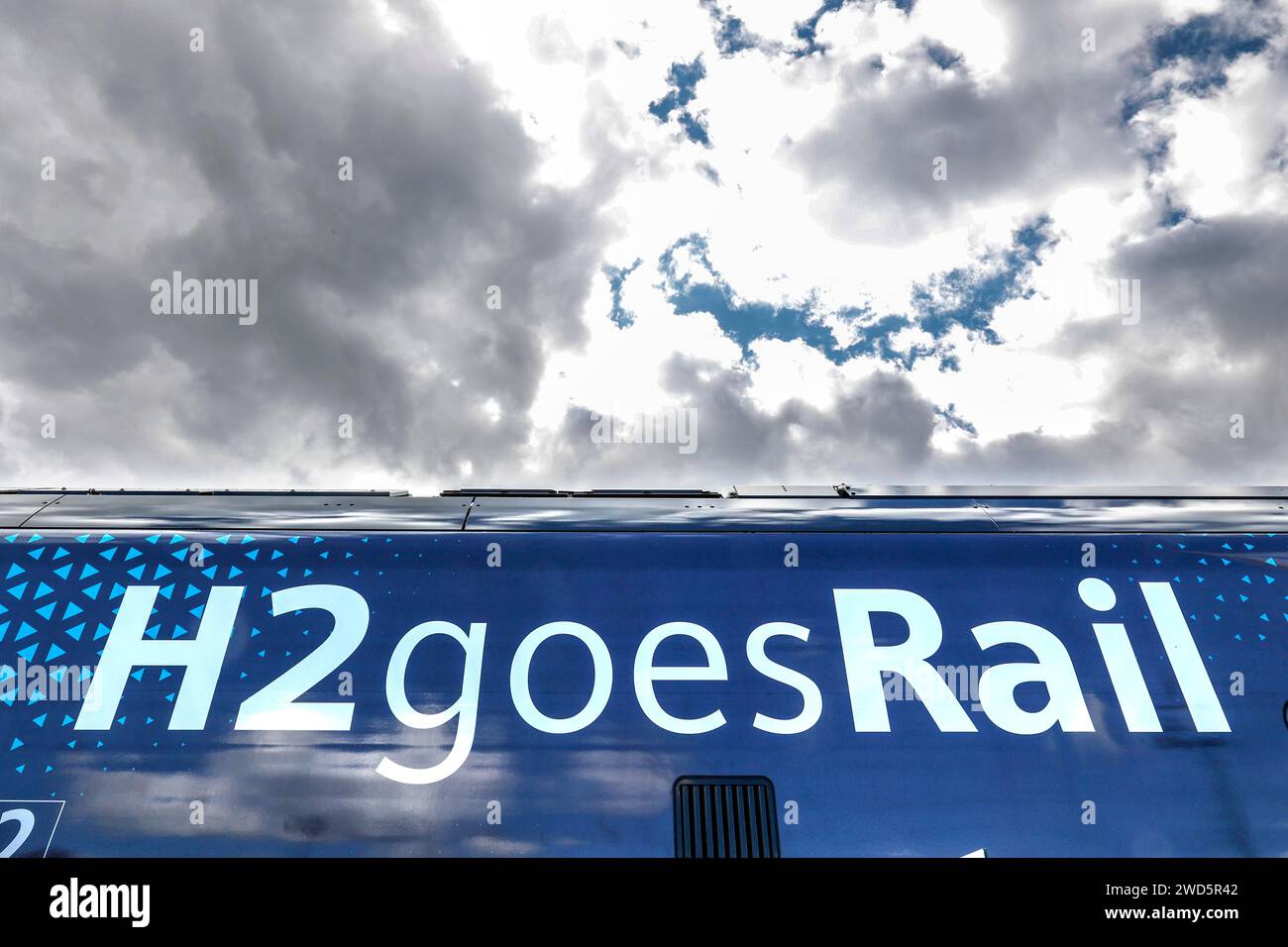 The locomotive of the Mireo Plus H hydrogen train at the InnoTrans ...