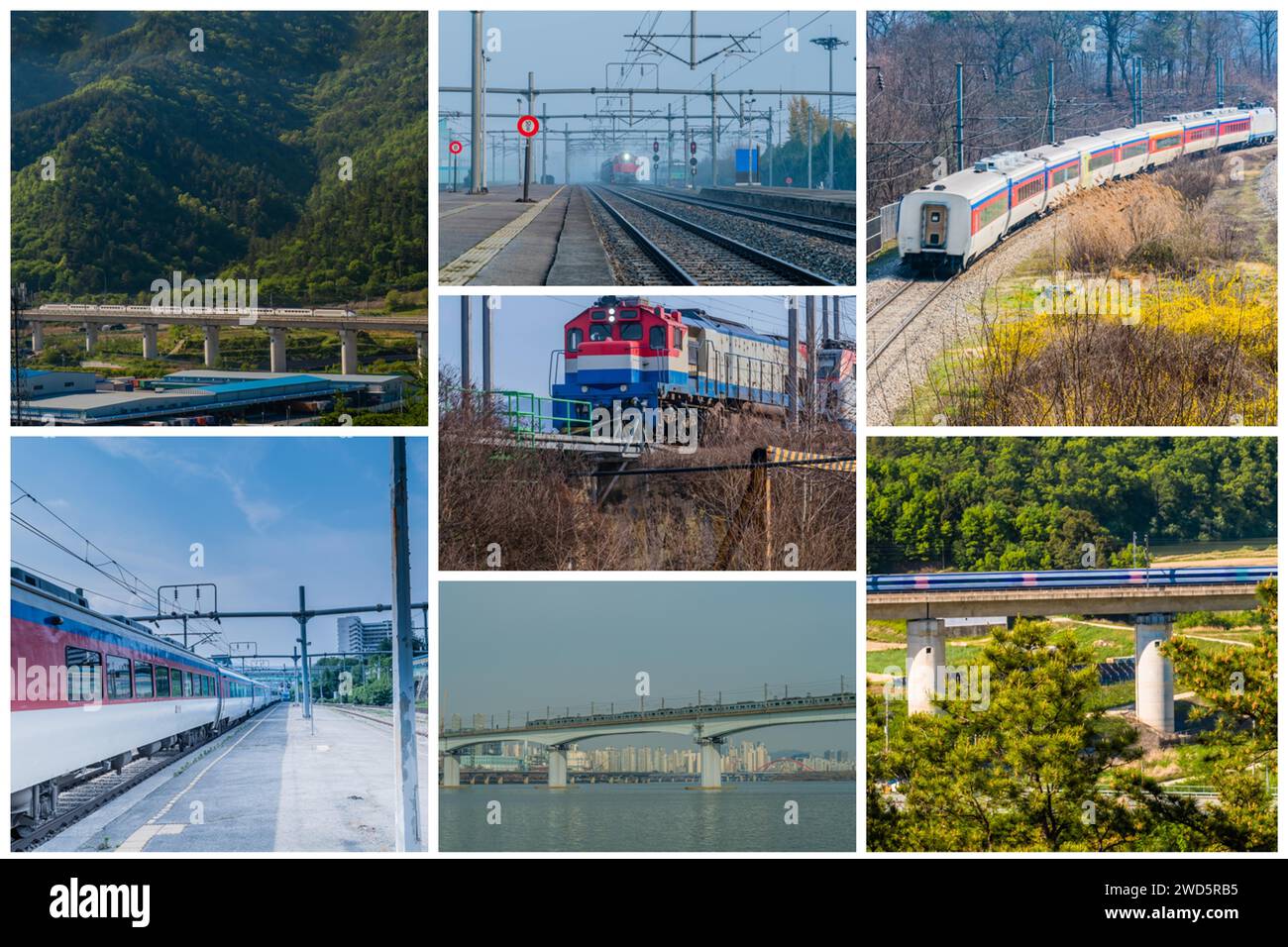 Collage of seven trains with various landscapes used in South Korea's ...