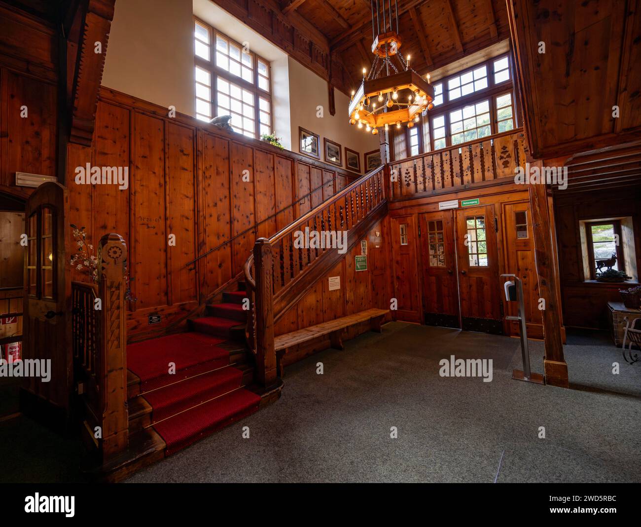 Historic entrance area and staircase in the Berliner Huette, Alpine ...
