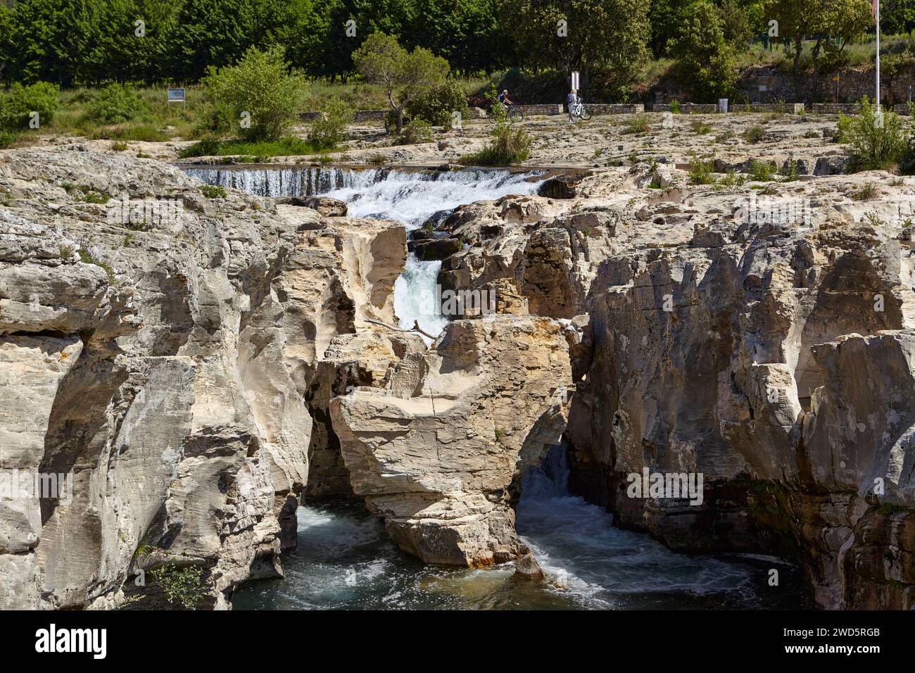 The cascades of Sautadet with limestone cliffs and the river Ceze in La ...