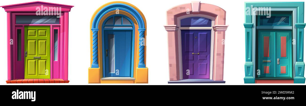 cartoon style illustration. Wooden front doors in green, blue, purple ...