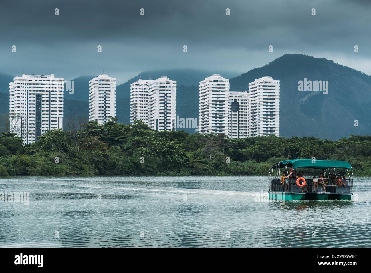 A ferry crossing the Marapendi canal in Barra da Tijuca, Rio de Janeiro ...
