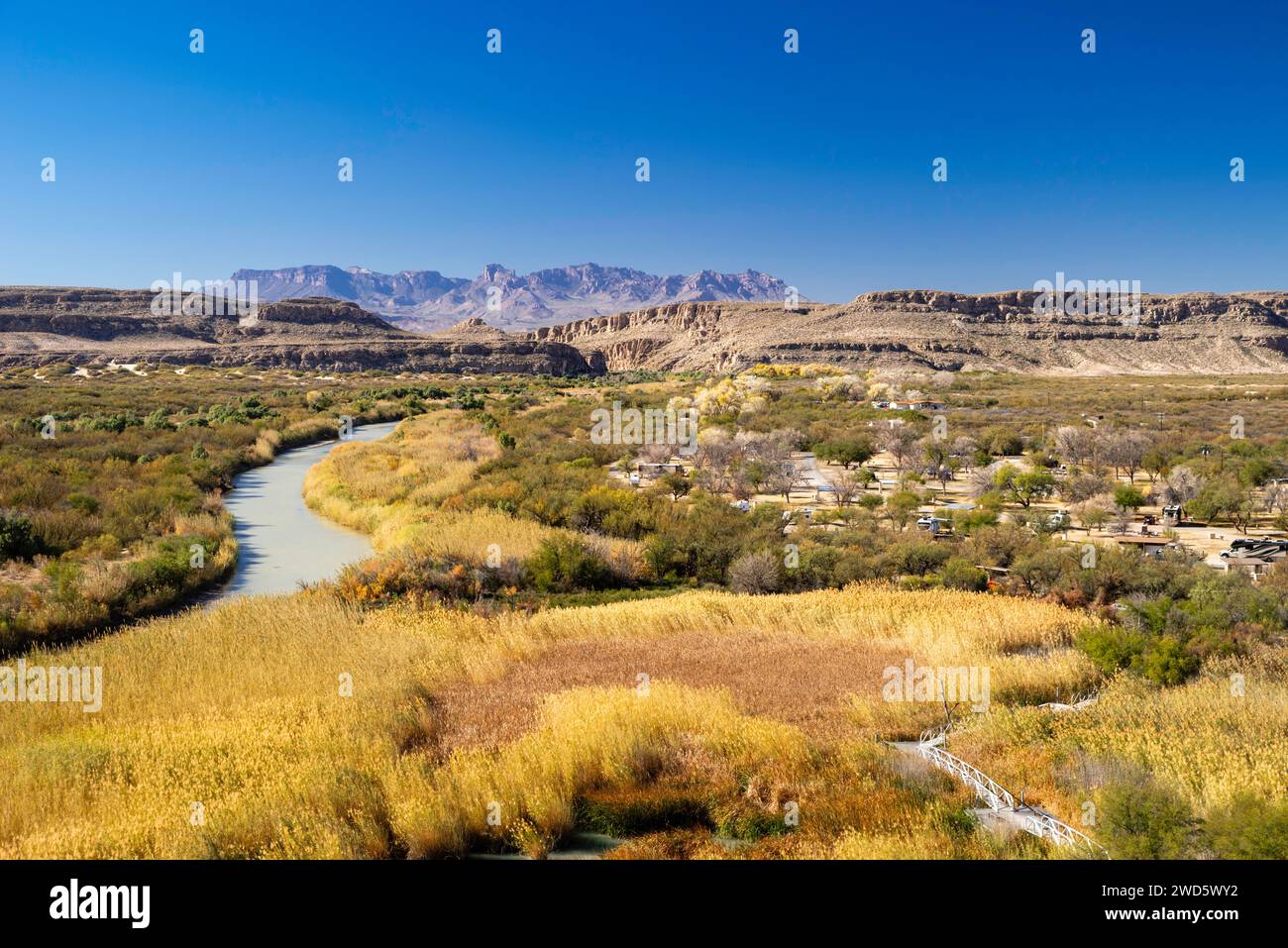 View of a Rio Grande Village Campground and the Rio Grande River and ...