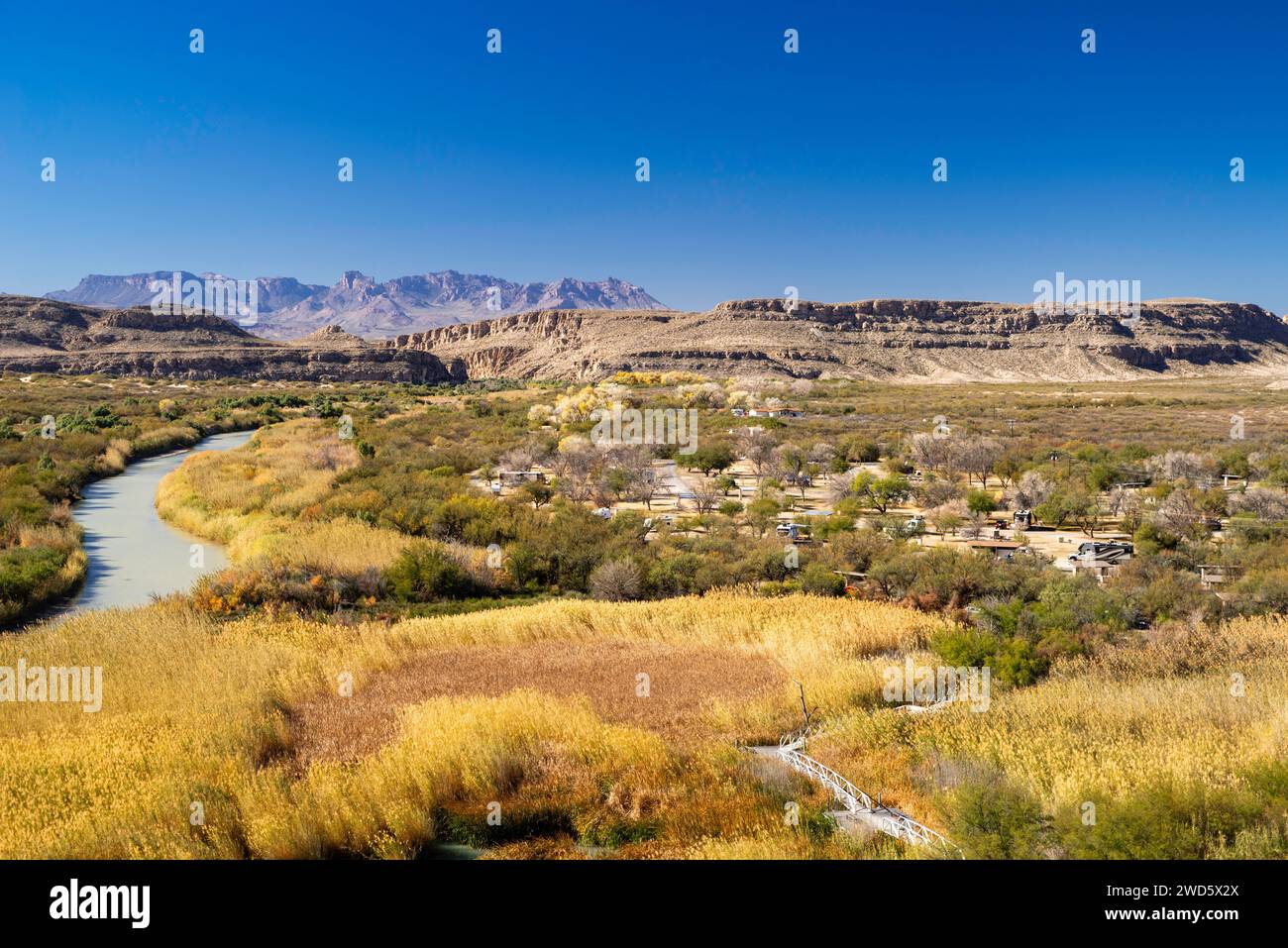View of a Rio Grande Village Campground and the Rio Grande River and ...