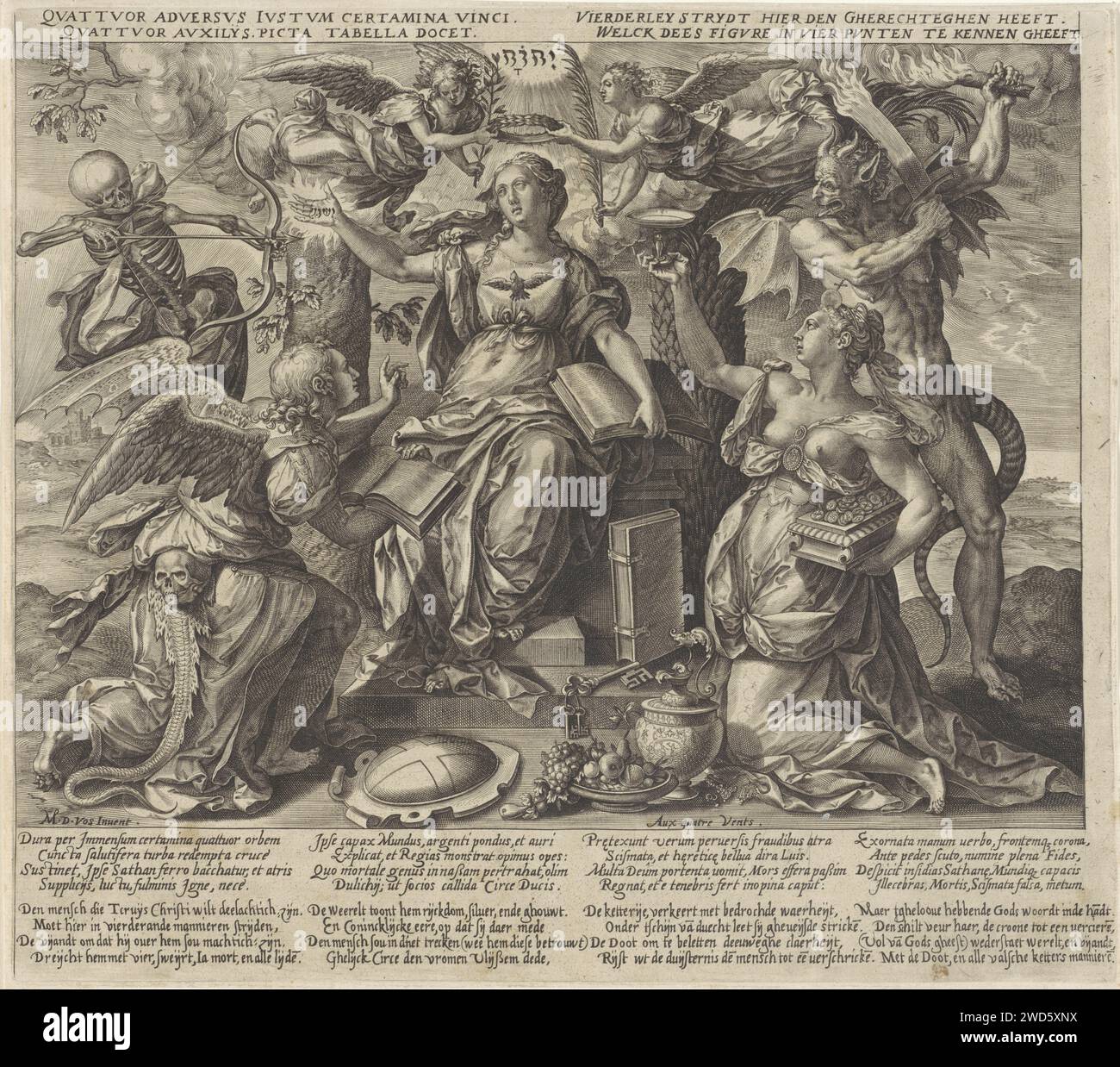 The four enemies of the true believer, Hieronymus Wierix, After Maerten ...