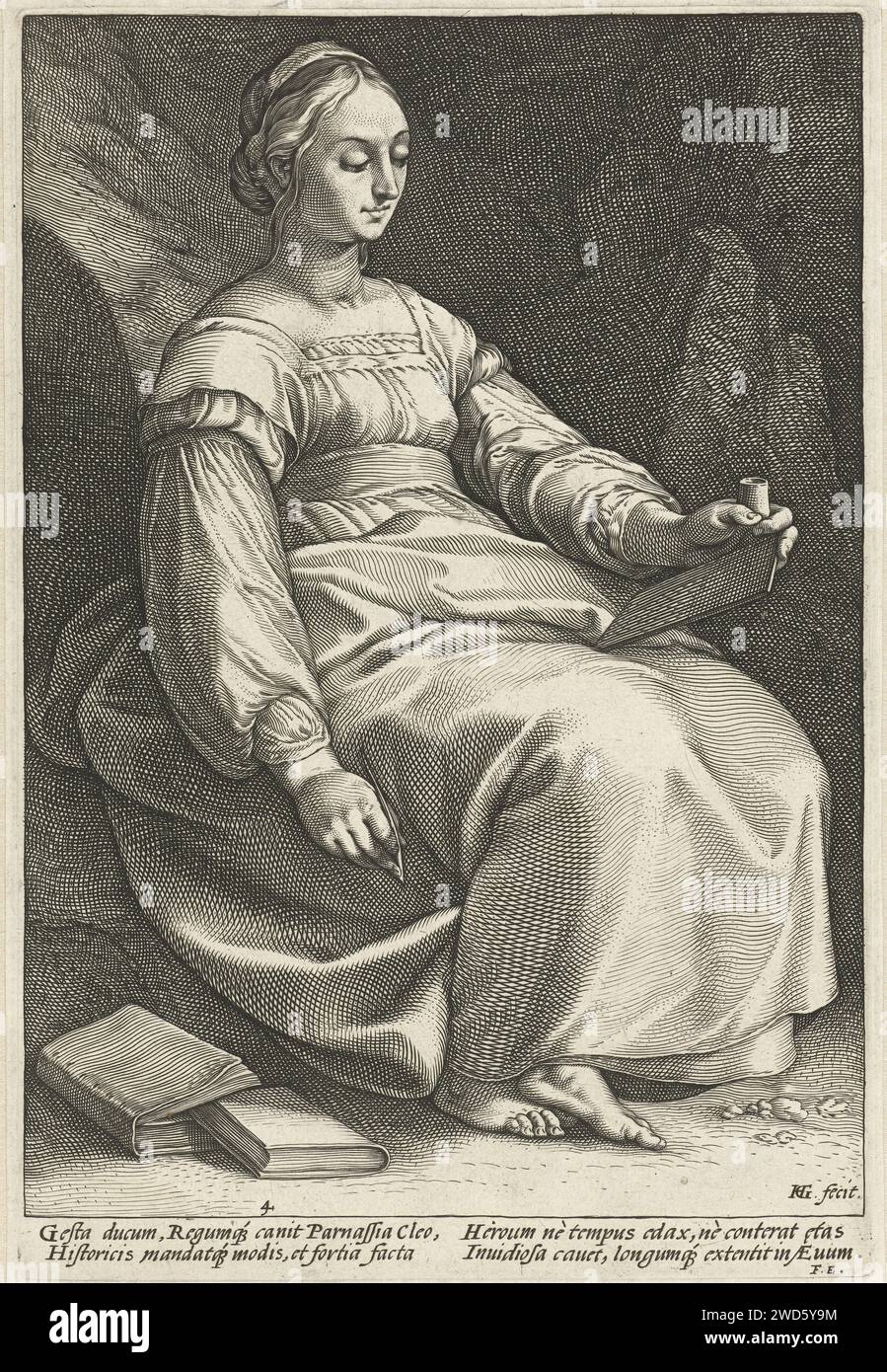 Clio, Hendrick Goltzius, 1592 print A series of nine muses. Four lines ...