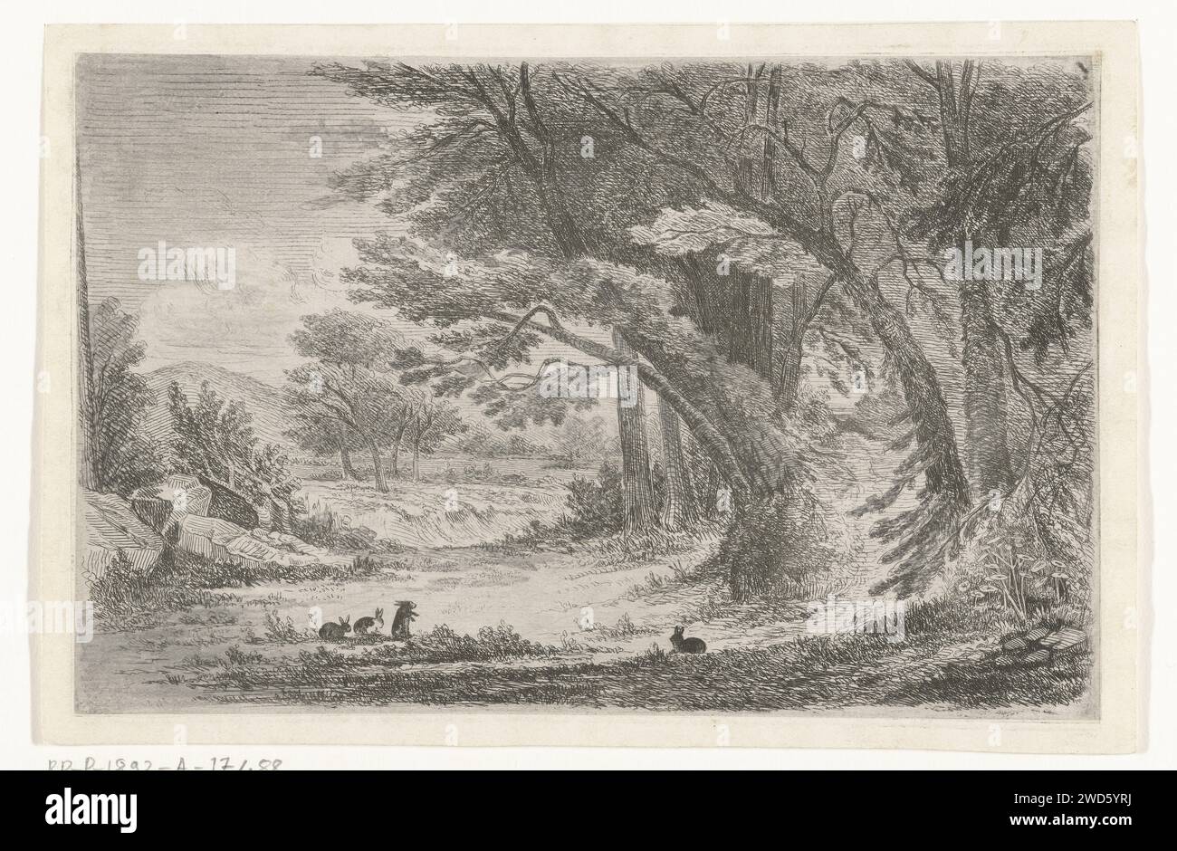Forest edge with rabbits, Jan Bos Wz., C. 1847 - 1892 print Utrecht ...