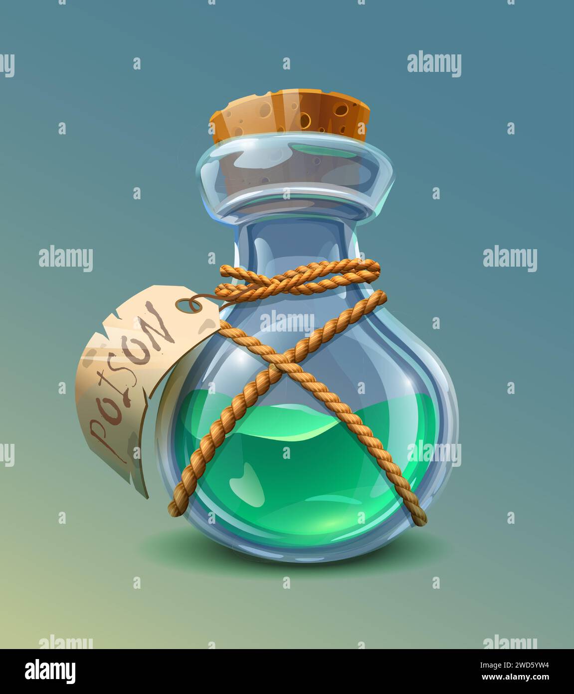 cartoon style icon illustration. Glass bottle of green poison with rope ...