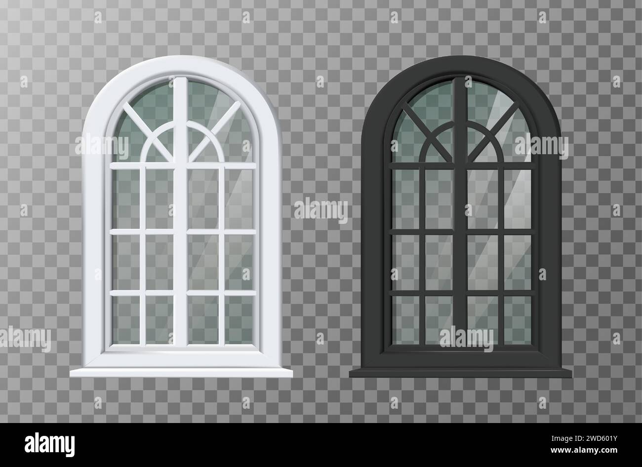 realistic vector icon illustration. Old mansion arch window frames in ...