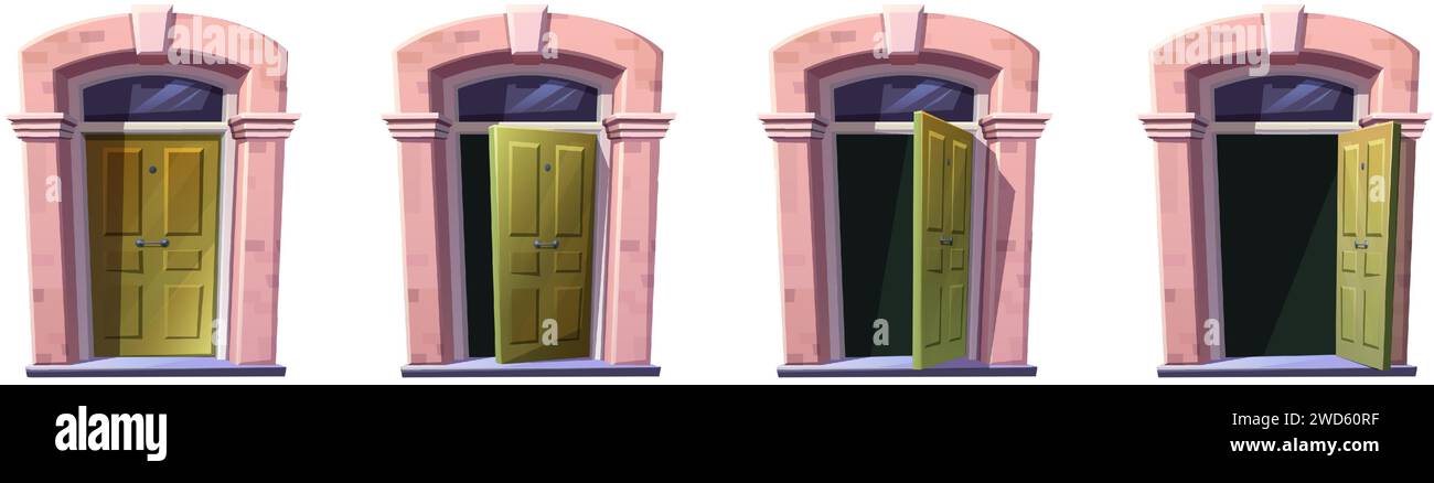 Green wooden door of old cottage house. Vector cartoon style icon ...