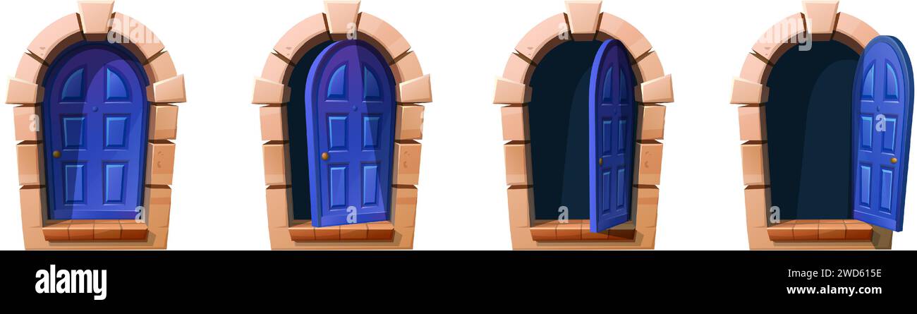 Blue wooden cottage door open and closed. Vector cartoon style icon ...