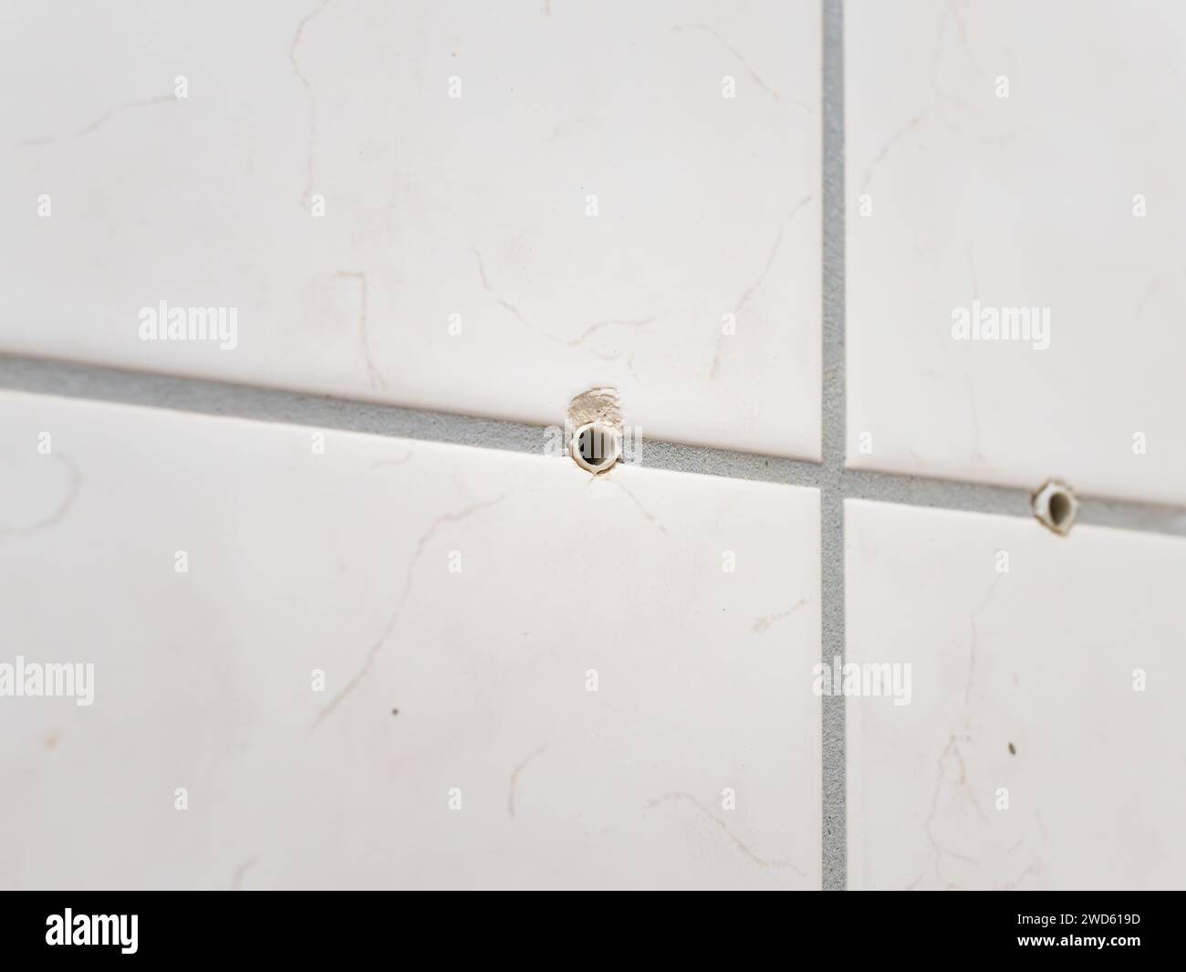 Wall anchors between tiles in the joint in a bathroom. The material ...