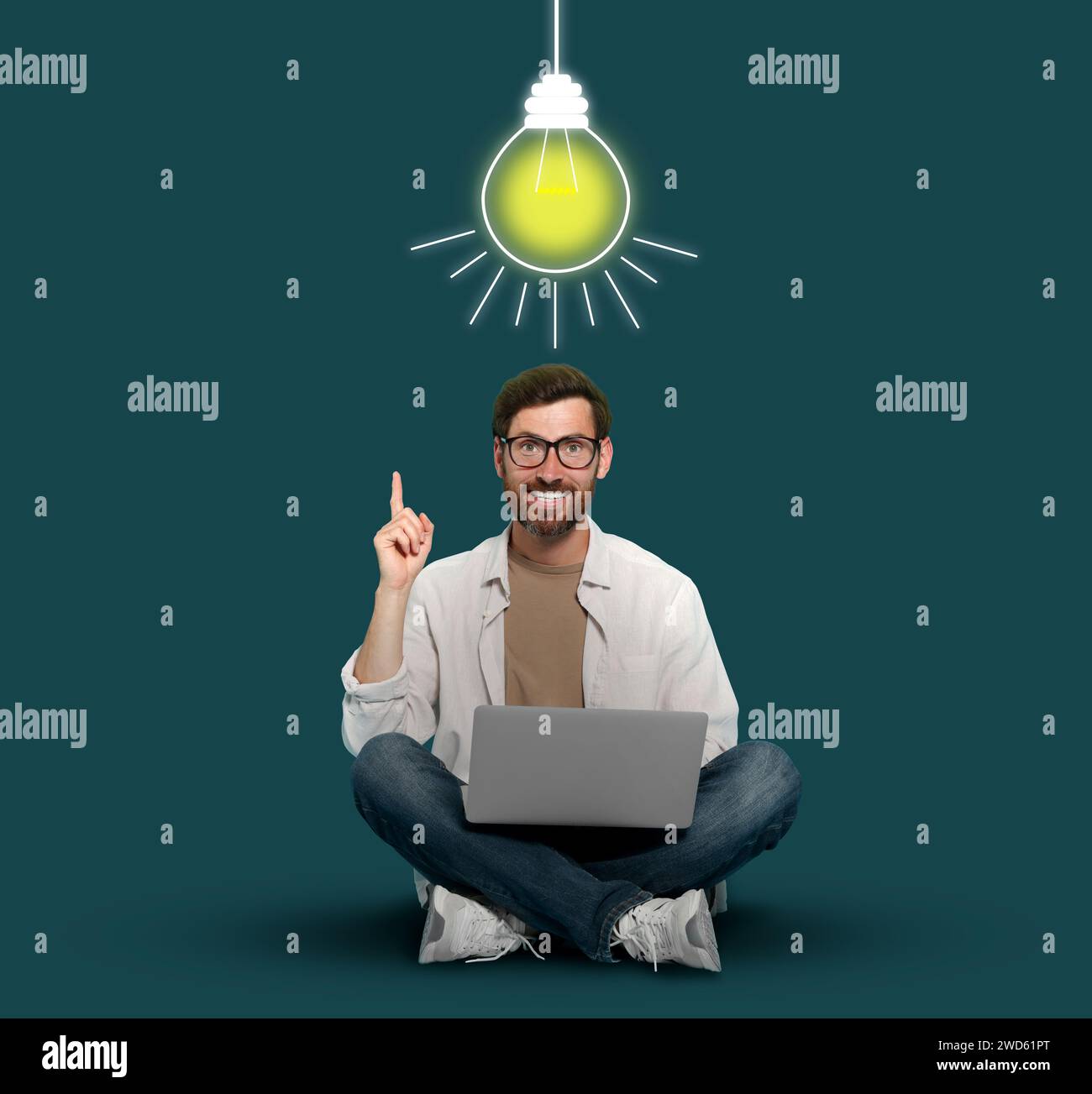 Idea generation. Man with laptop on teal background. Illustration of ...