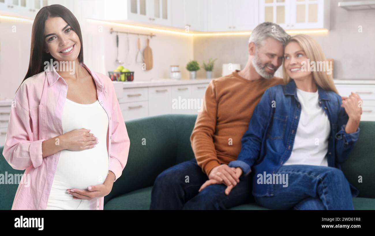 Surrogate mother and intended parents indoors. Banner design Stock ...